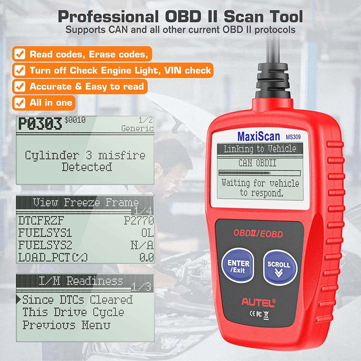 Autel MaxiScan MS309 Universal OBD2 Scanner Check Engine Fault Code ...